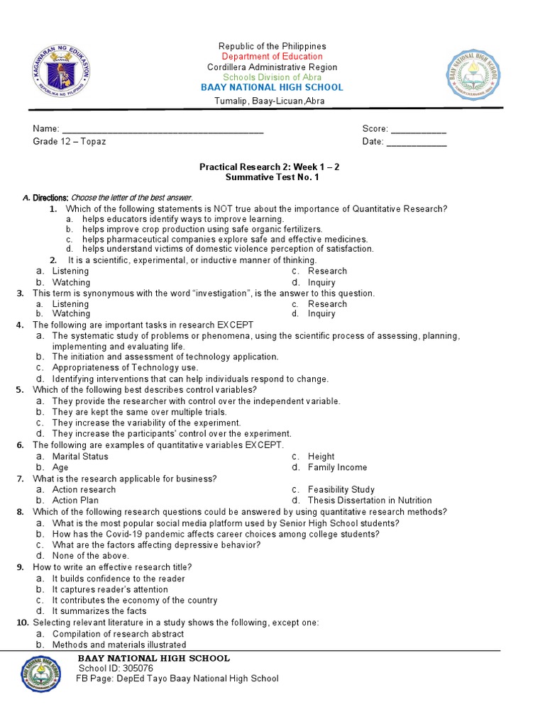 Practical Research 2: Week 1 - 2 Summative Test No. 1: Baay National ...