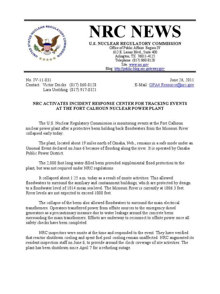 Nuclear Regulatory Commission Activates Incident Response Center For ...
