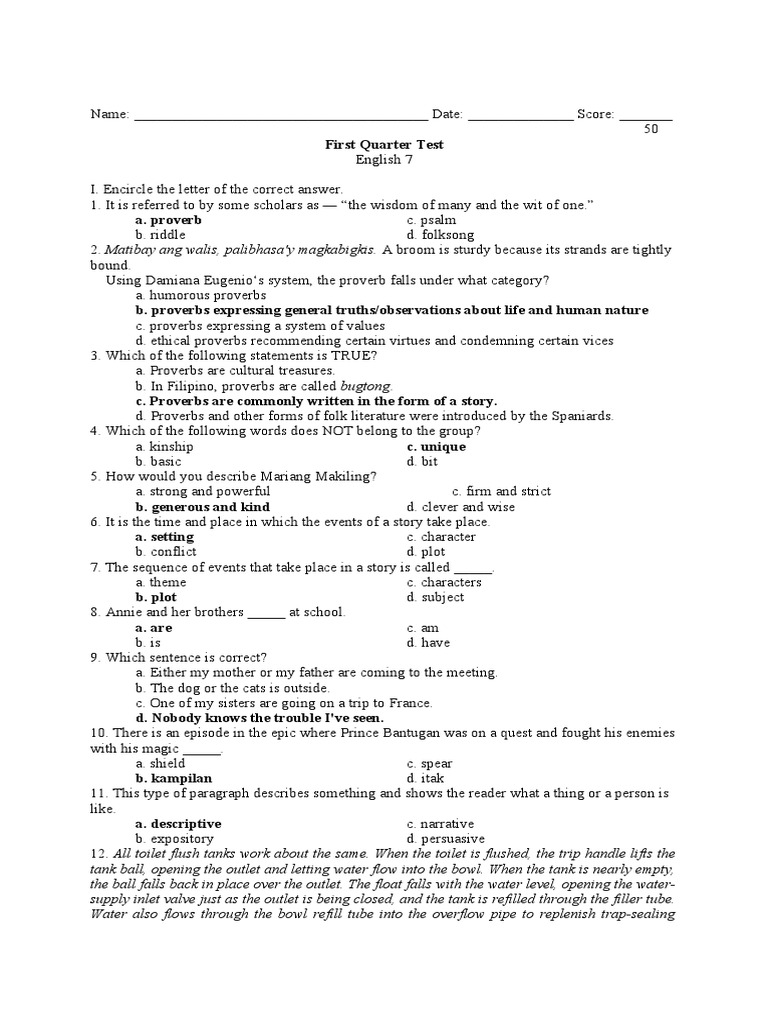 1st Quarter Test_English 7 | PDF
