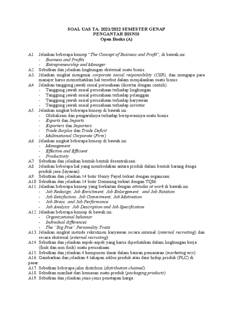 SOAL UTS Pengantar Bisnis 2022 | PDF