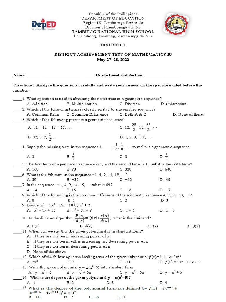 District Achievement Test of Math 10 WITH Answer Key | PDF