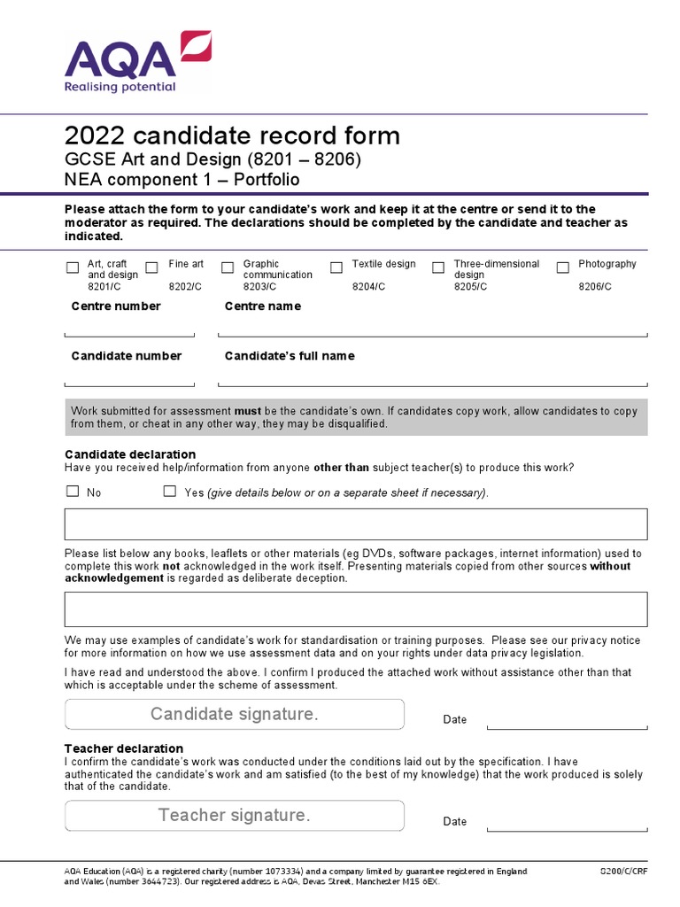 2022 Candidate Record Form: GCSE Art and Design (8201 - 8206) NEA ...