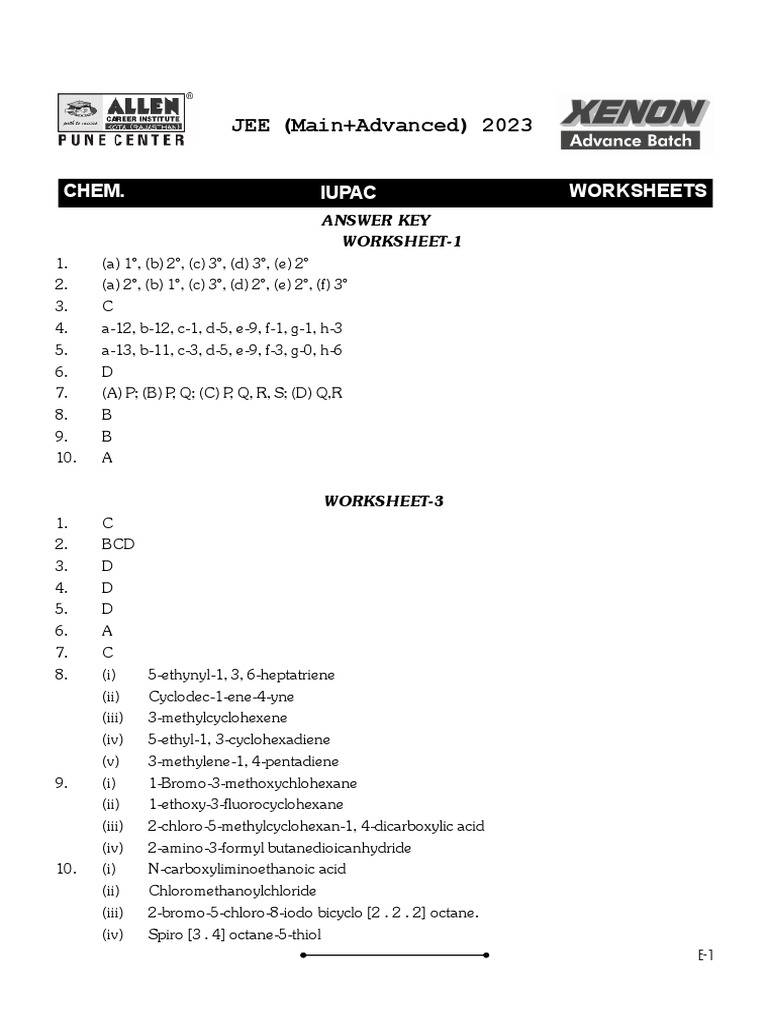 JEE (Main+Advanced) 2023: Chem. Worksheets Iupac | PDF | Chemical ...