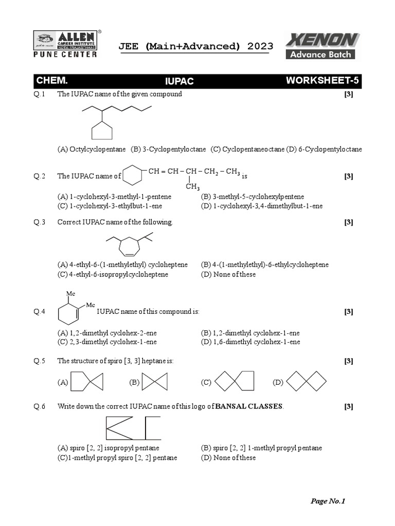 JEE (Main+Advanced) 2023: Chem. Worksheet-5 Iupac | PDF | Organic Chemistry | Chemistry