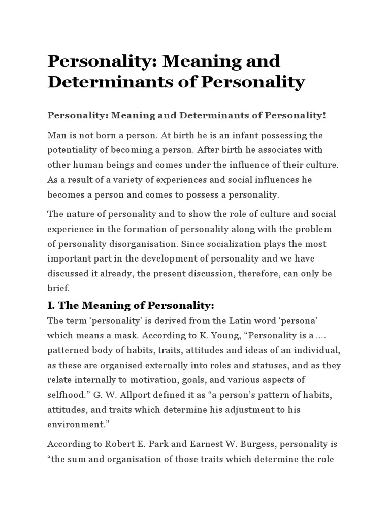 Personality Meaning and Determinants of Personality | PDF ...