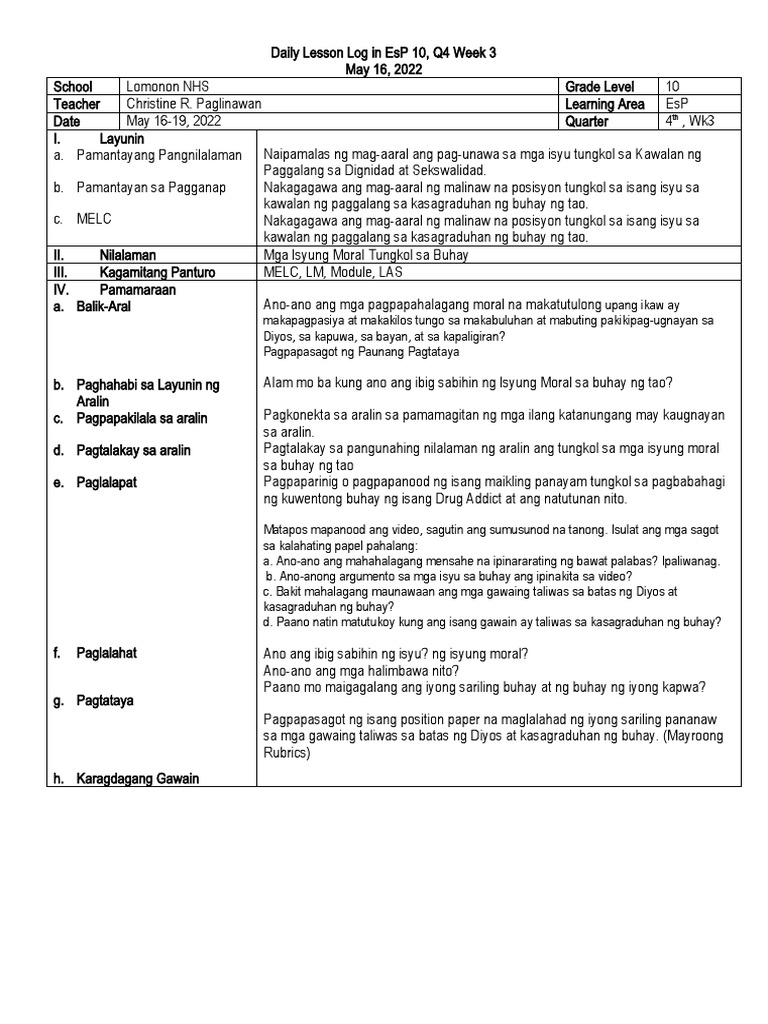 Daily Lesson Log in EsP 10 | PDF