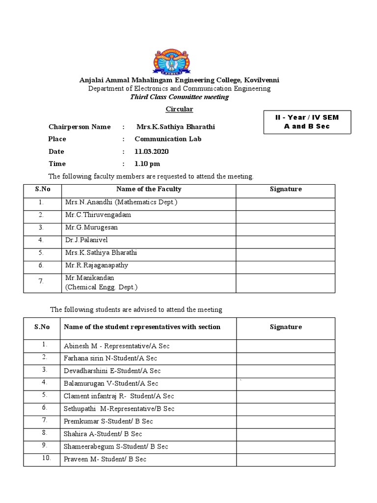 Third Class Committee Meeting: Ii - Year / Iv Sem Aandbsec | PDF