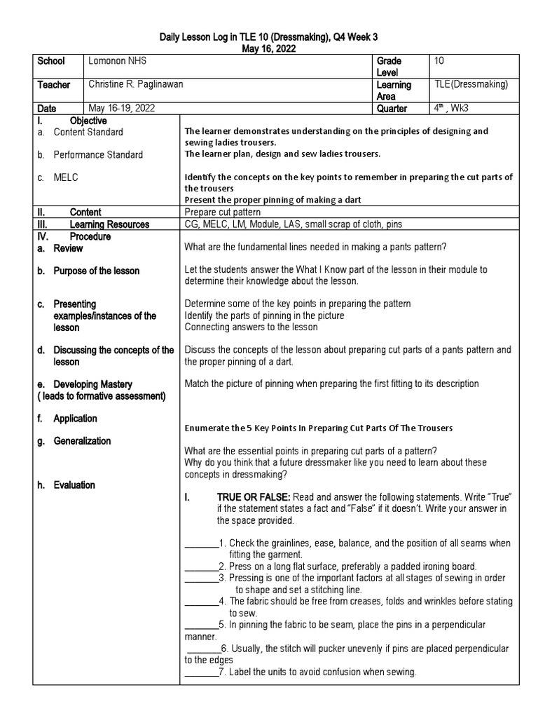 Daily Lesson Log in TLE 10 Dressmaking | PDF | Seam (Sewing) | Sewing