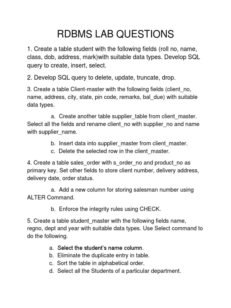 Rdbms Lab Questions | PDF | Table (Database) | Relational Database