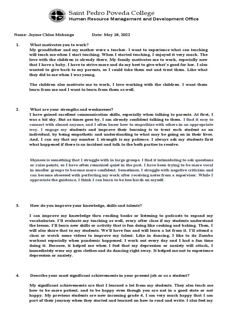Essay Questionnaire | PDF | Shyness | Teachers