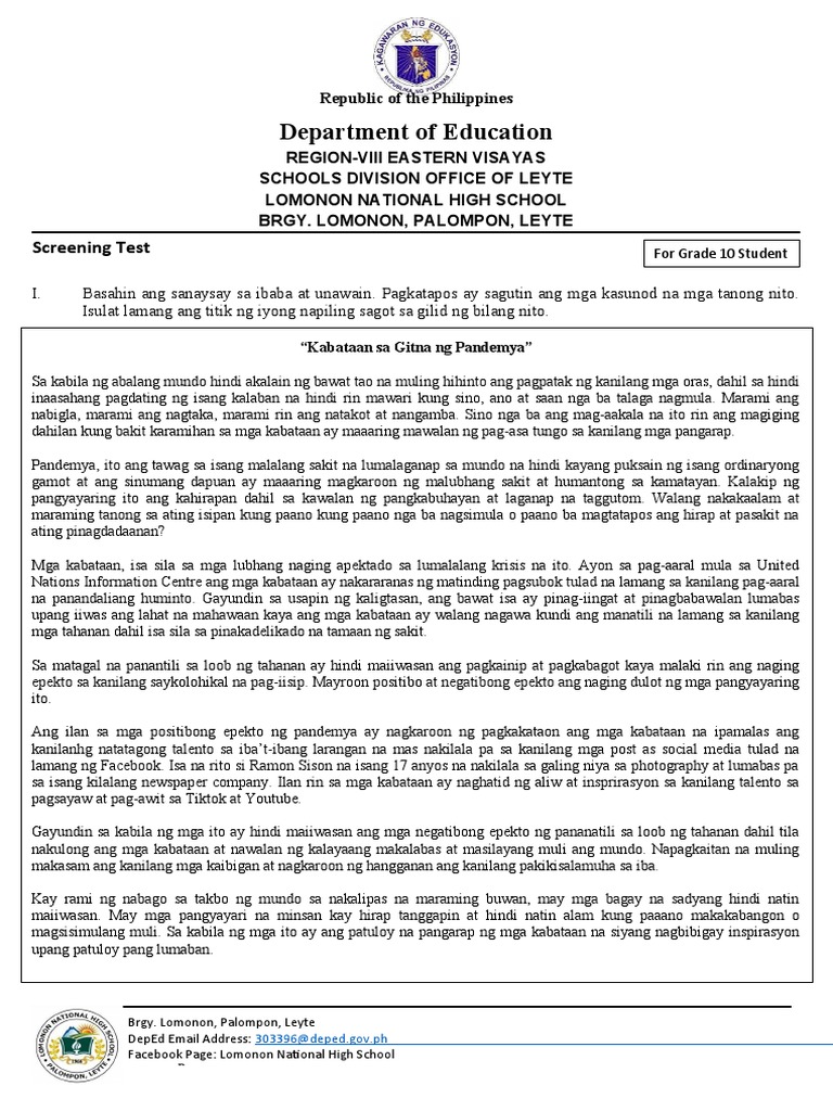 Fiipino 10 Screening Test Phil-IRI | PDF