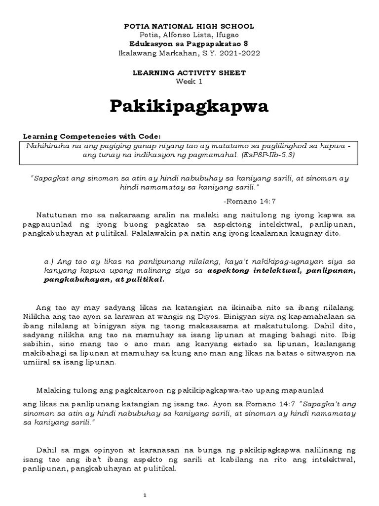 ESP 8 LAS 1 QUARTER 2 - Pakikipagkapwa | PDF