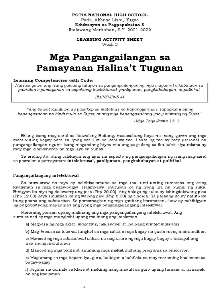ESP 8 LAS 2 QUARTER 2 - Mga Pangangailangan Sa Pamayanan Halina't Tugunan | PDF