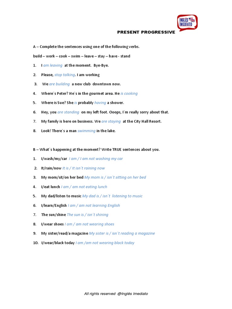 Present Progressive Exercises for English | PDF | Foreign Language Studies