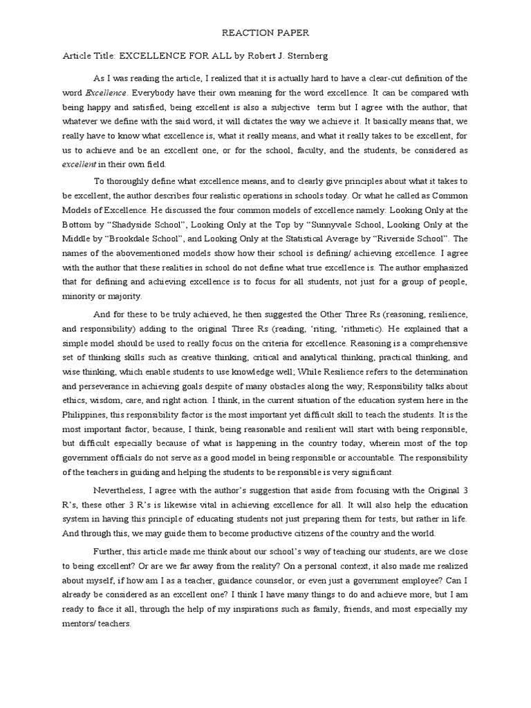 Reaction Paper Excellence | PDF | Teachers | Thought