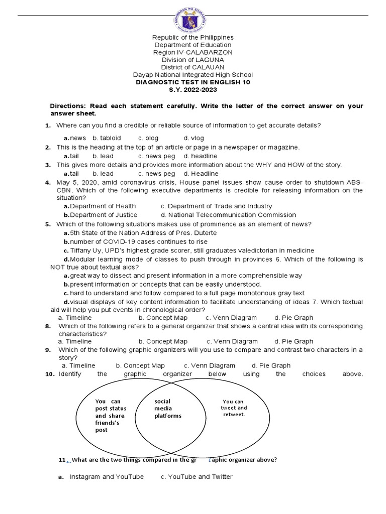 Diagnostic Test in English 10 Review | PDF | News
