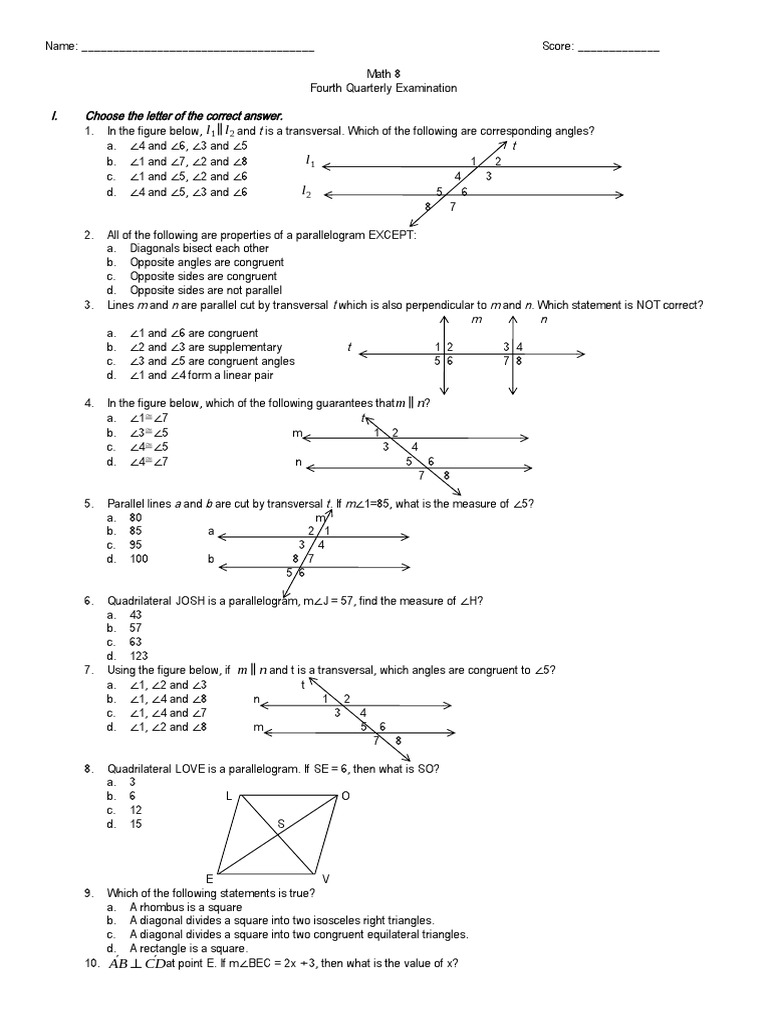 Math 8 4th PT | PDF | Variance | Elementary Geometry