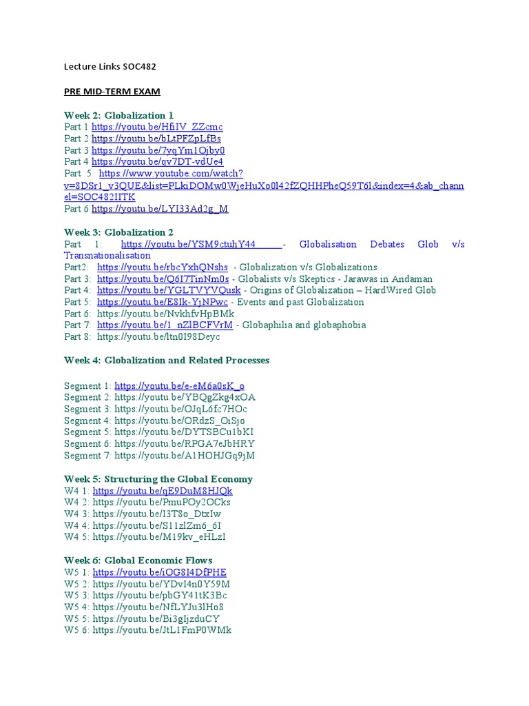 Comprehensive Collection of Video Lecture Links for SOC482 Globalization Course Covering Topics ...