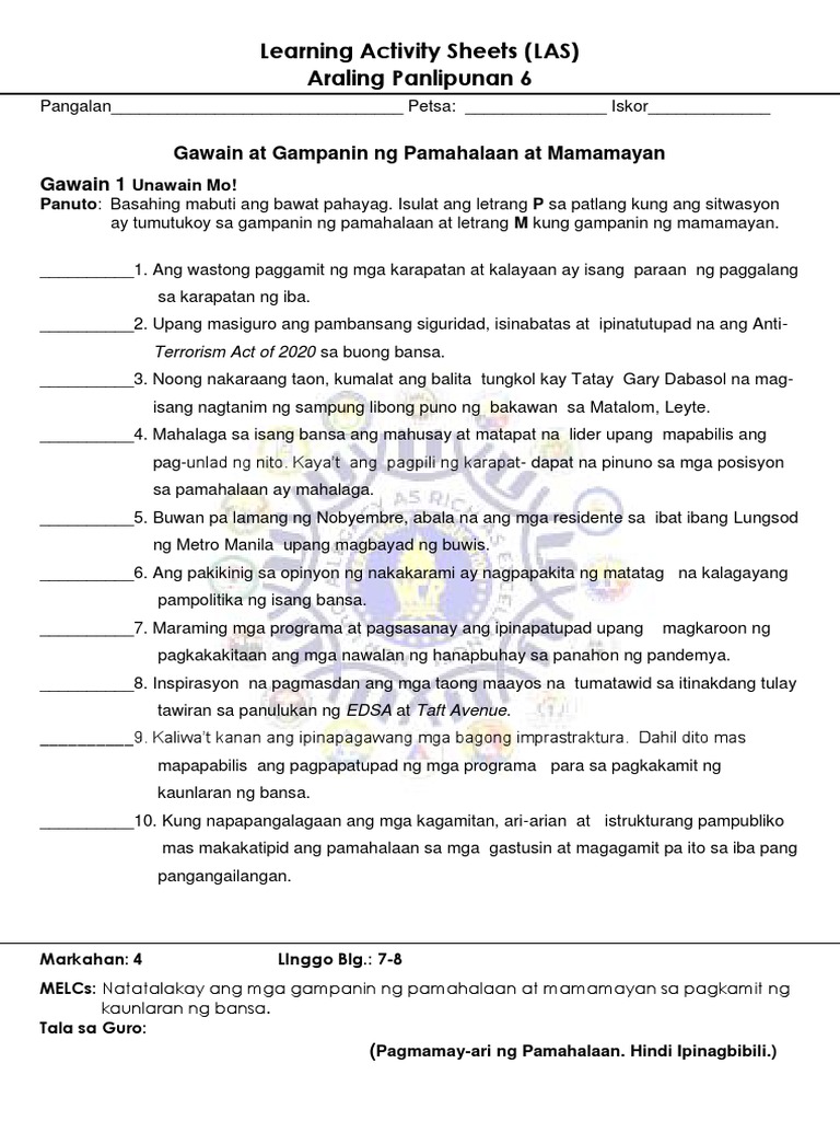 RTP AP 6 LAS 4 Q4 WK 7 8 Gampanin NG Pamahalaan at Mamamayan | PDF