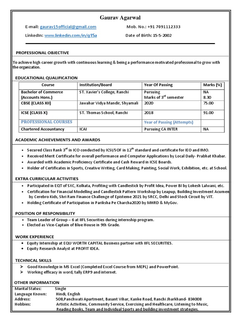 Gaurav Agarwal: E-Mail: Mob. No.: +91 7091112333 Linkedin: Date of ... Gaurav Agarwal: E-Mail: Mob. No.: +91 7091112333 Linkedin: Date of ...