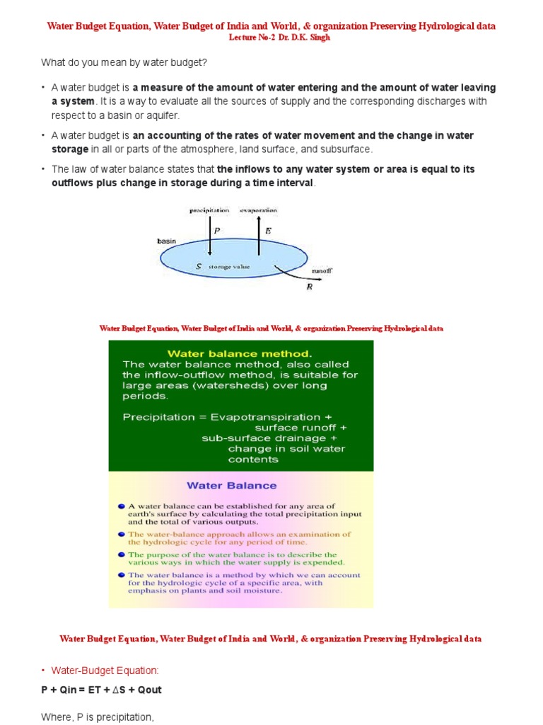 Lecture No-2-Water Budget Equation, Water Budget of India and World ... Lecture No-2-Water Budget Equation, Water Budget of India and World ...