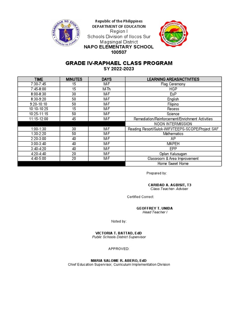Grade 4 Class Program 2022-2023 | PDF | Schools | Teaching