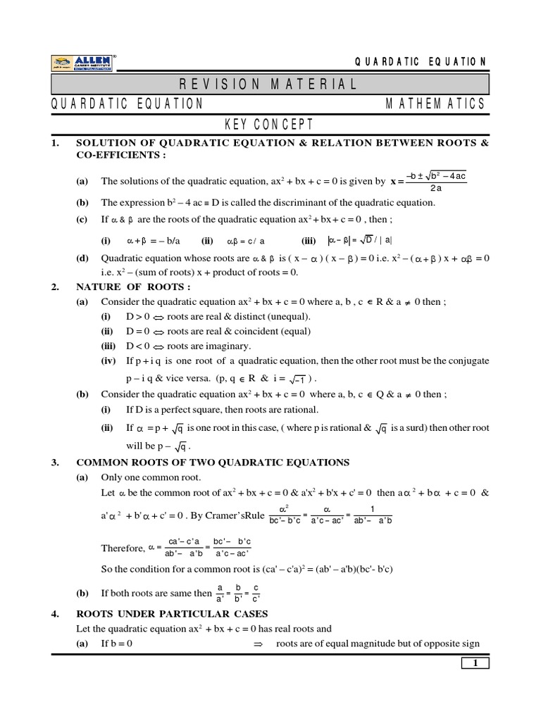 Quardatic Equation Mathematics Key Concept Pdf Quadratic Equation