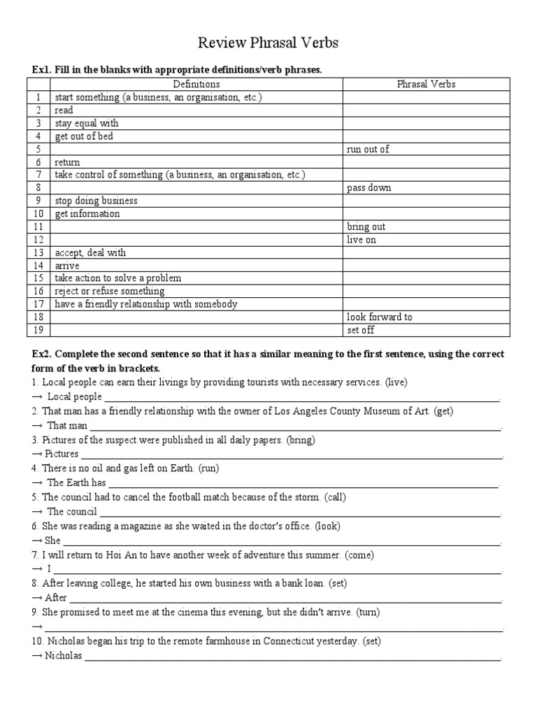 Review Phrasal Verbs: Ex1. Fill in The Blanks With Appropriate ...