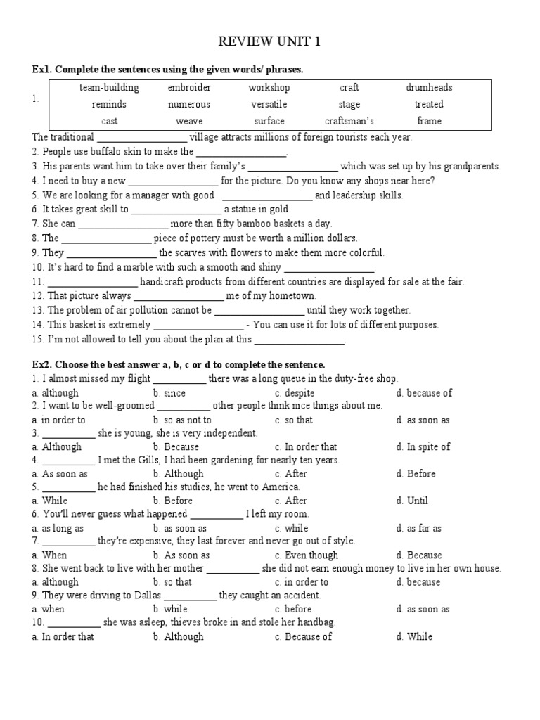 Review Unit 1: Ex1. Complete The Sentences Using The Given Words/ Phrases | PDF