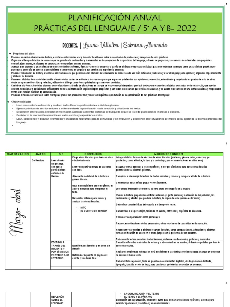 Planificación Anual DE PRACTICAS DEL LENGUAJE 5TO '22 | PDF ...