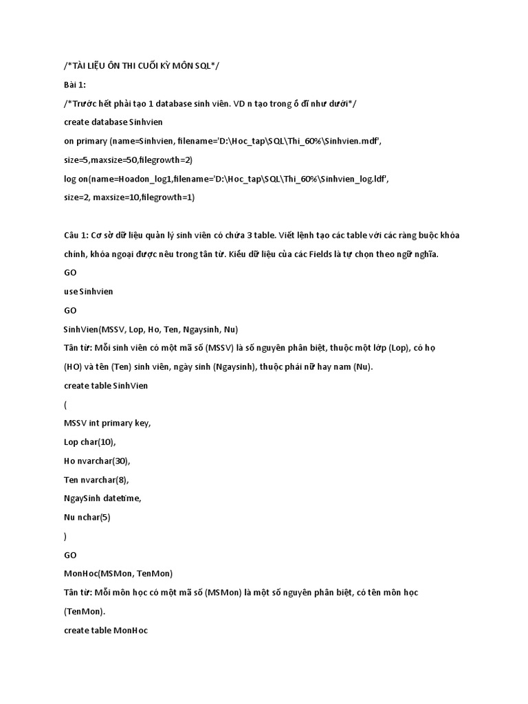 TÀI LIỆU ÔN THI CUỐI KỲ MÔN SQL | PDF