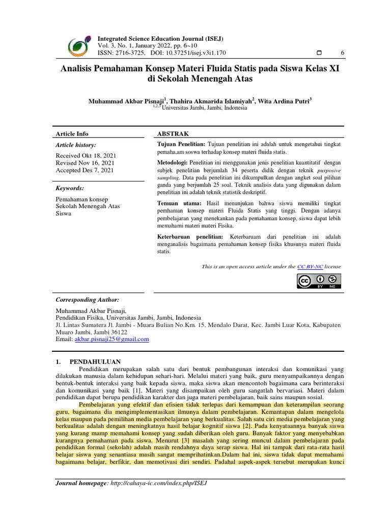 Analisis Pemahaman Konsep Materi Fluida Statis Pada Siswa Kelas XI Di Sekolah Menengah Atas ...