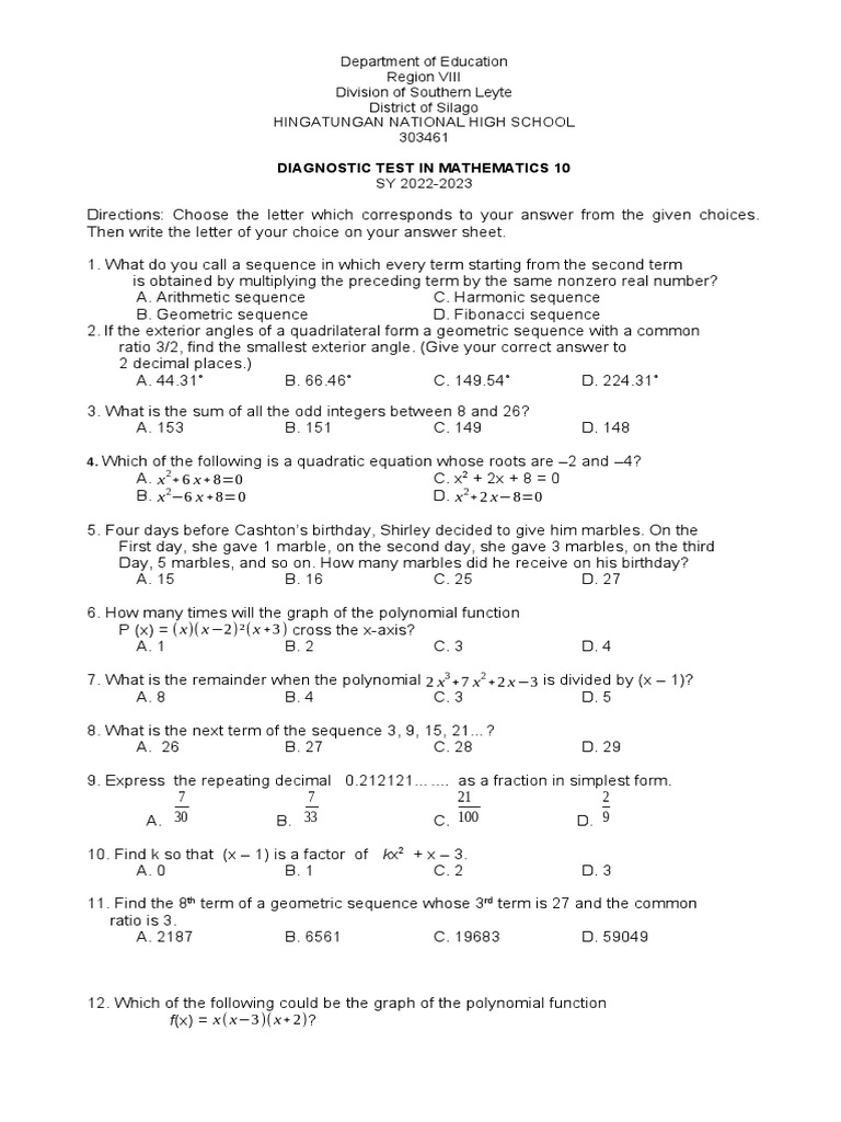 Math Diagnostic Test for Grade 10 | PDF | Polynomial | Numbers
