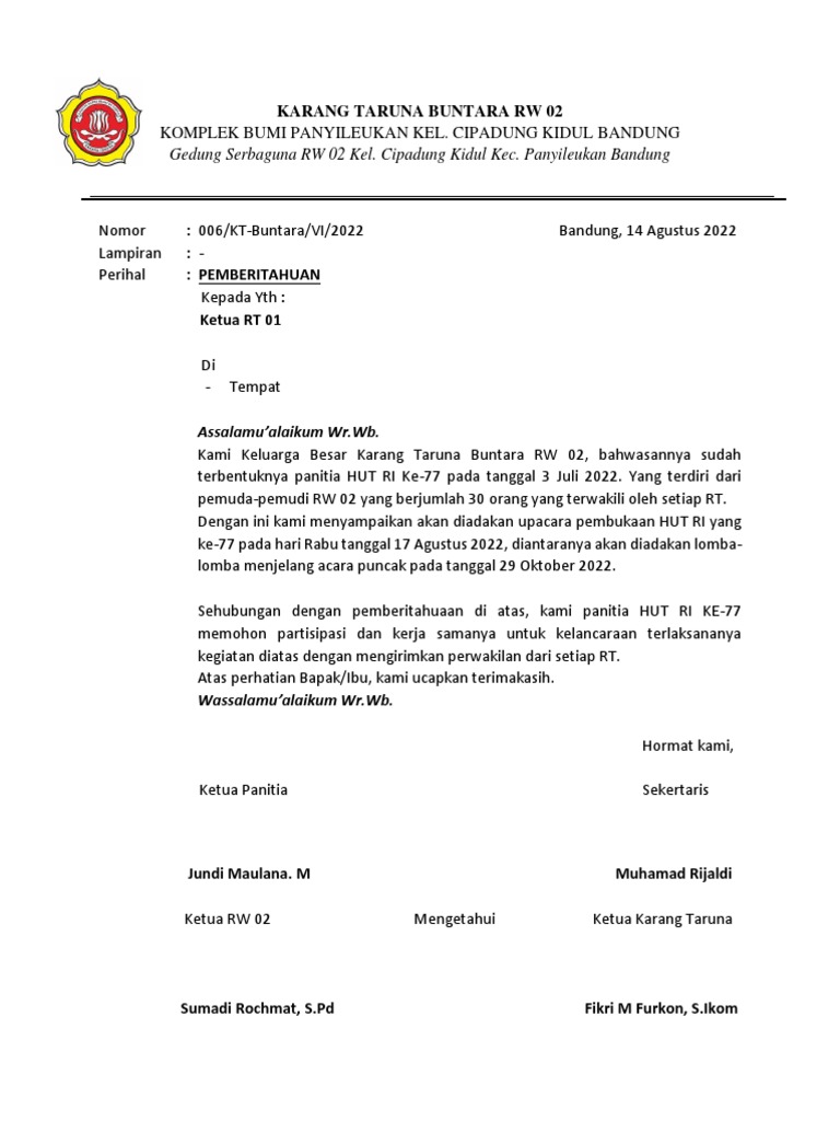 Surat Pemberitahuan RT | PDF