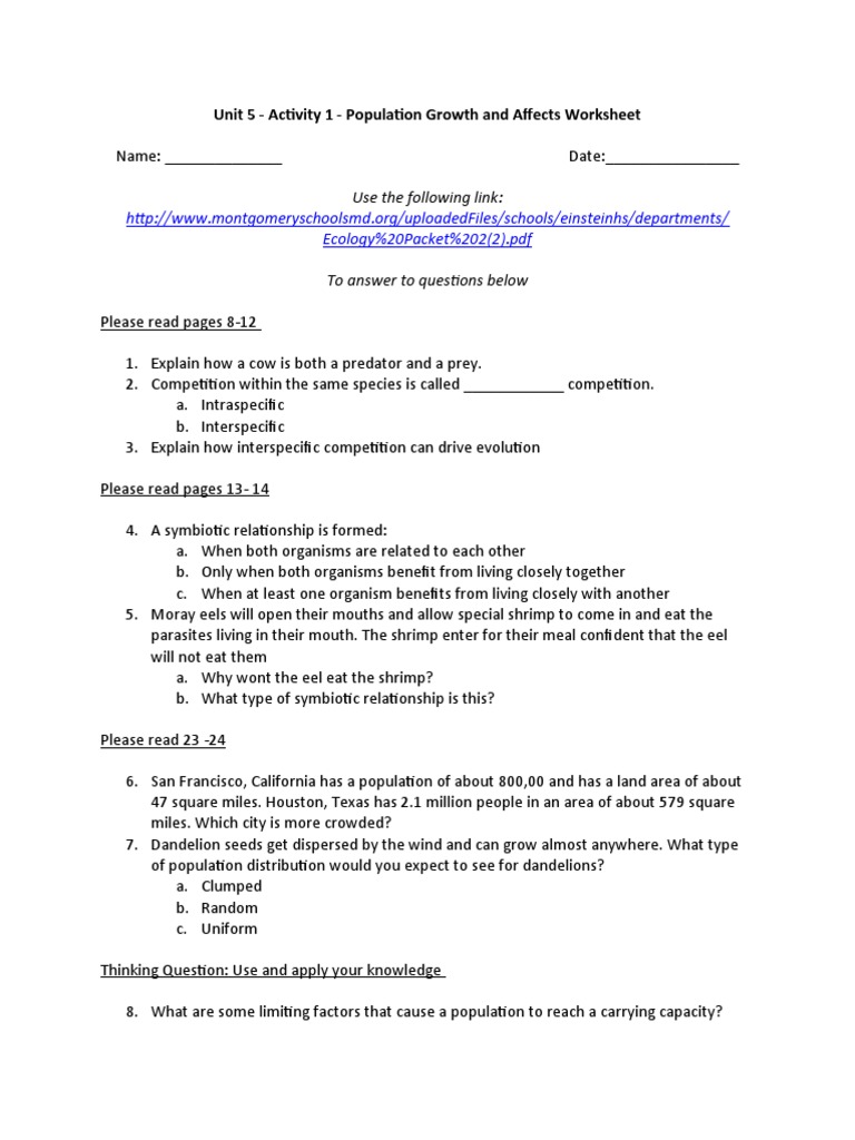 Unit 5 - Activity 1 - Population Growth and Affects Worksheet | PDF ...