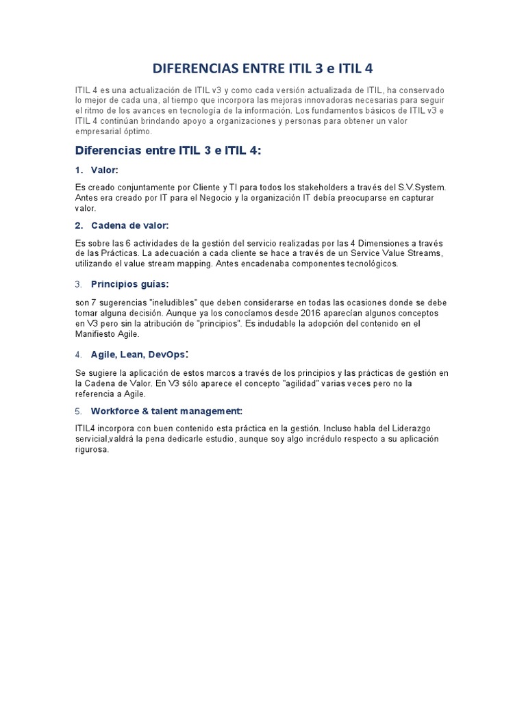 Diferencias entre ITIL 3 e ITIL 4 | PDF