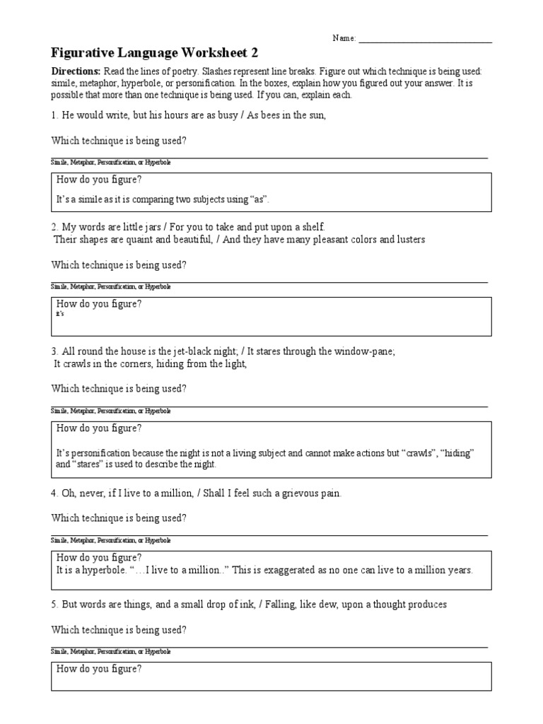 Figurative Language Worksheet 2 | PDF | Metaphor | Poetic Devices