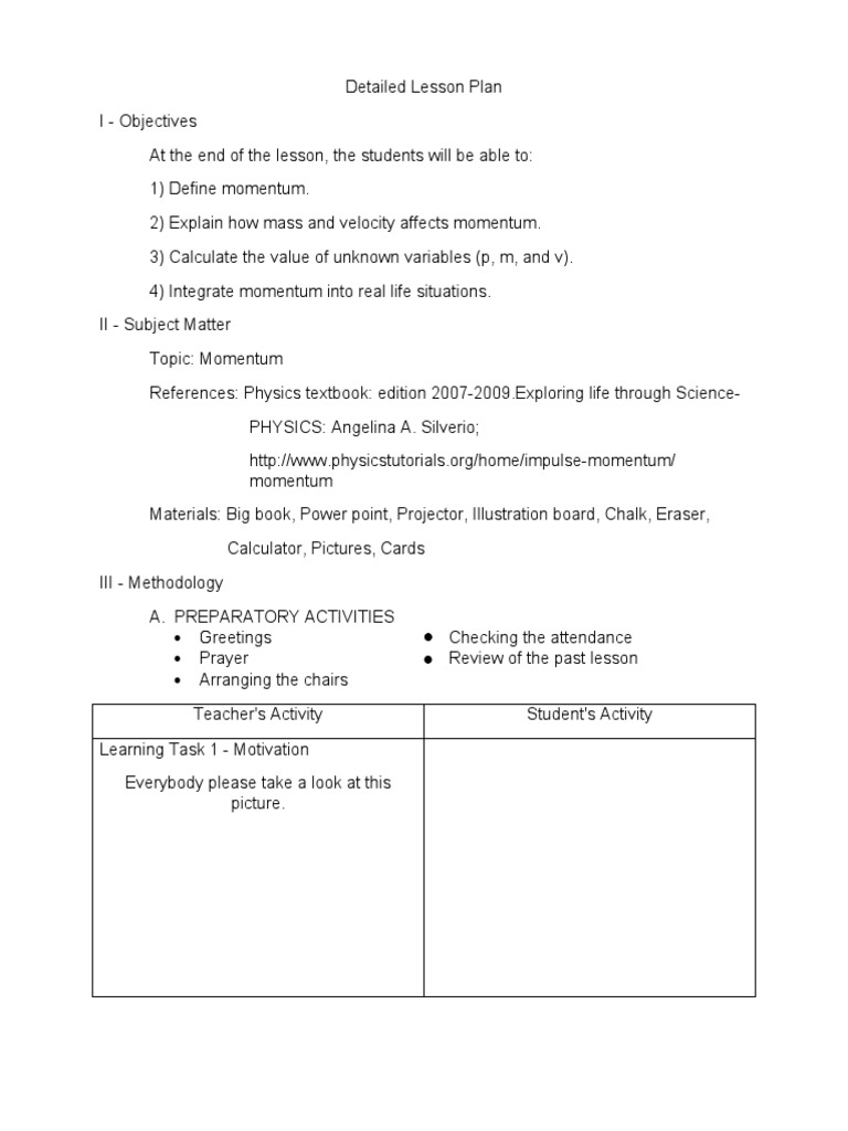 Detailed Lesson Plan (G-9, 4th Quarter) | PDF | Momentum | Velocity