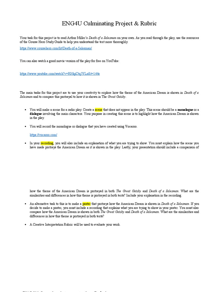 ENG4U Culminating Project & Rubric: Salesman and To Compare This ...