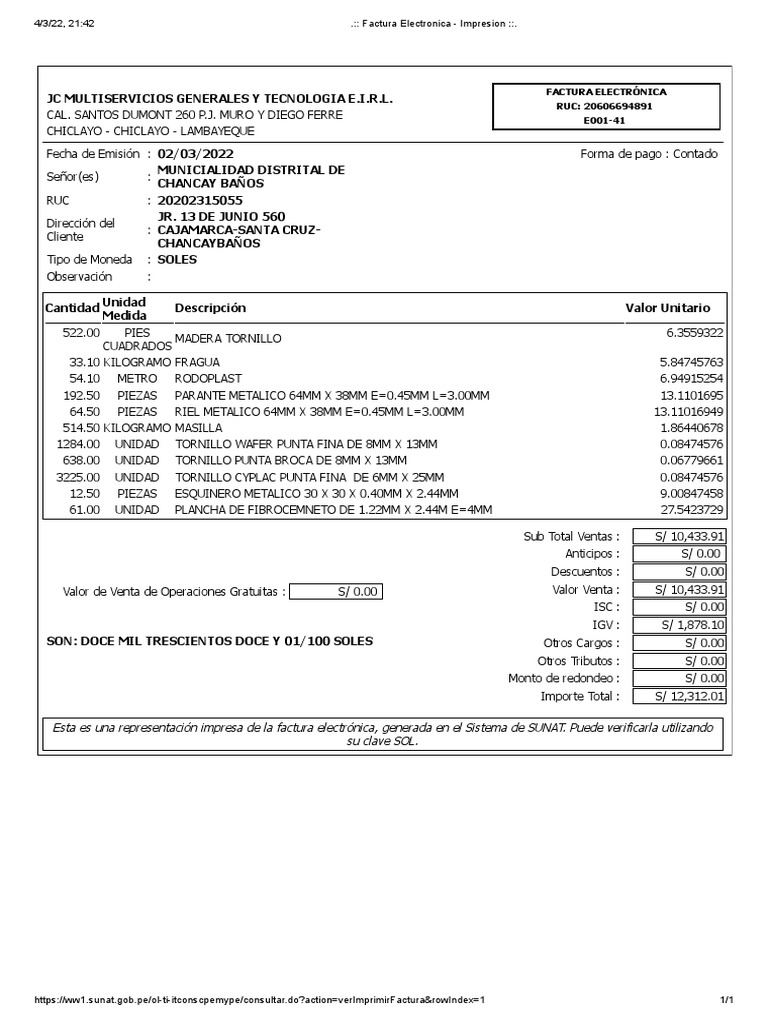 JC Multiservicios Generales Y Tecnologia E.I.R.L.: Factura Electrónica RUC: 20606694891 E001-41 ...