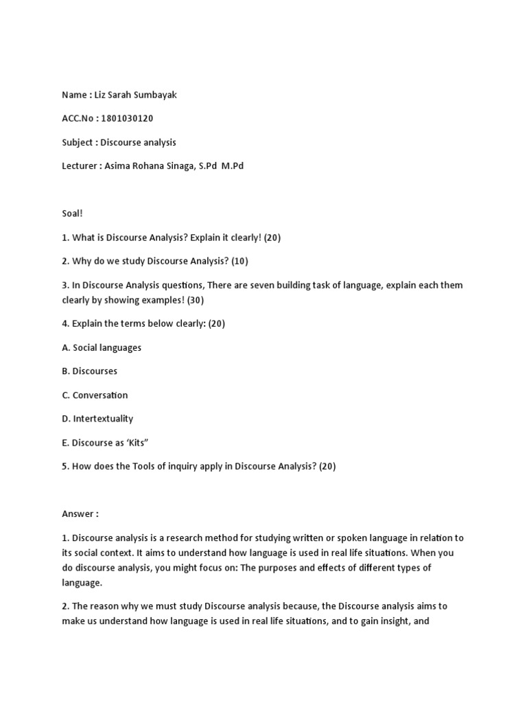 Liz Sarah - Discourse Analysis | PDF | Intertextuality | Conversation
