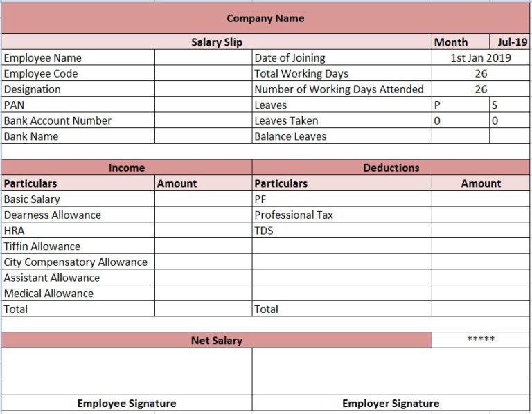 Salary Slip Format in Excel 768x598 | PDF