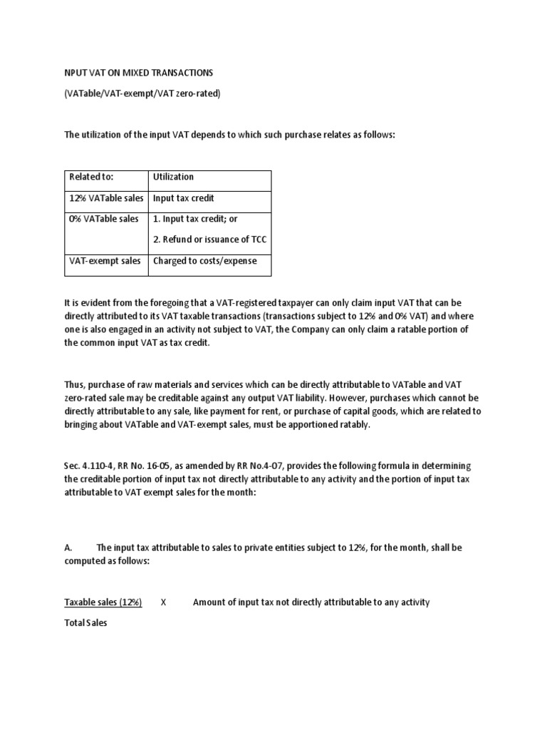 Nput Vat On Mixed Transactions | PDF | Value Added Tax | Tax Refund