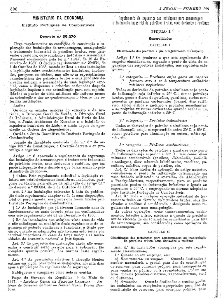 Decreto 36270 de 9 Maio 1947 (Regulamento Segurança Petróleos) | PDF