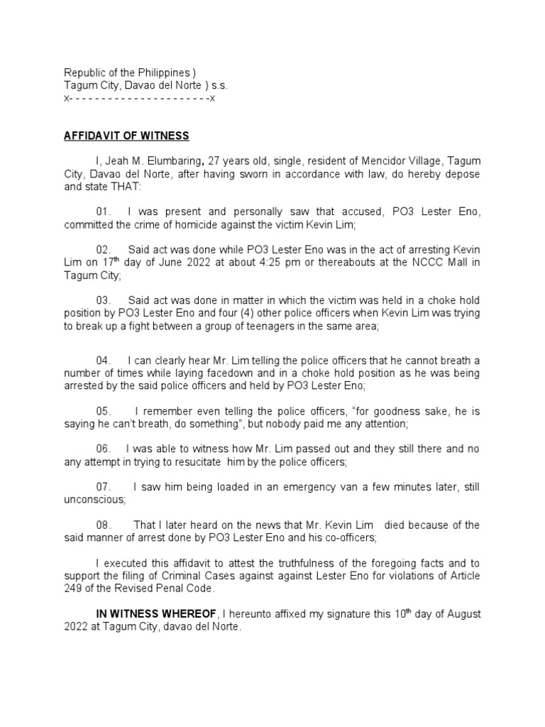 Sample of Affidavit of Witness | PDF | Affidavit | Legal Procedure