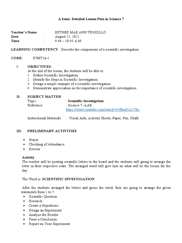A Semi-Detailed Lesson Plan in Science 7 | PDF | Scientific Method ...