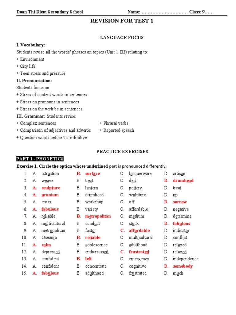 Revision for Test 1: Language Focus and Practice Exercises on ...