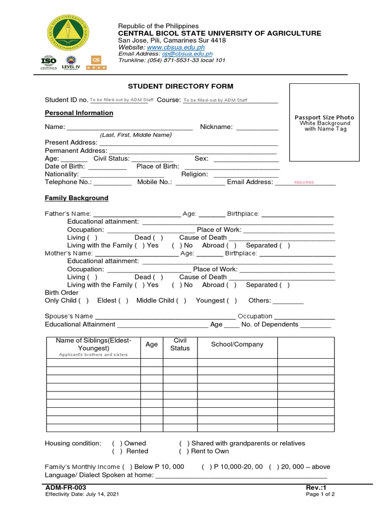 ADM-FR-003 Student Directory Form | PDF