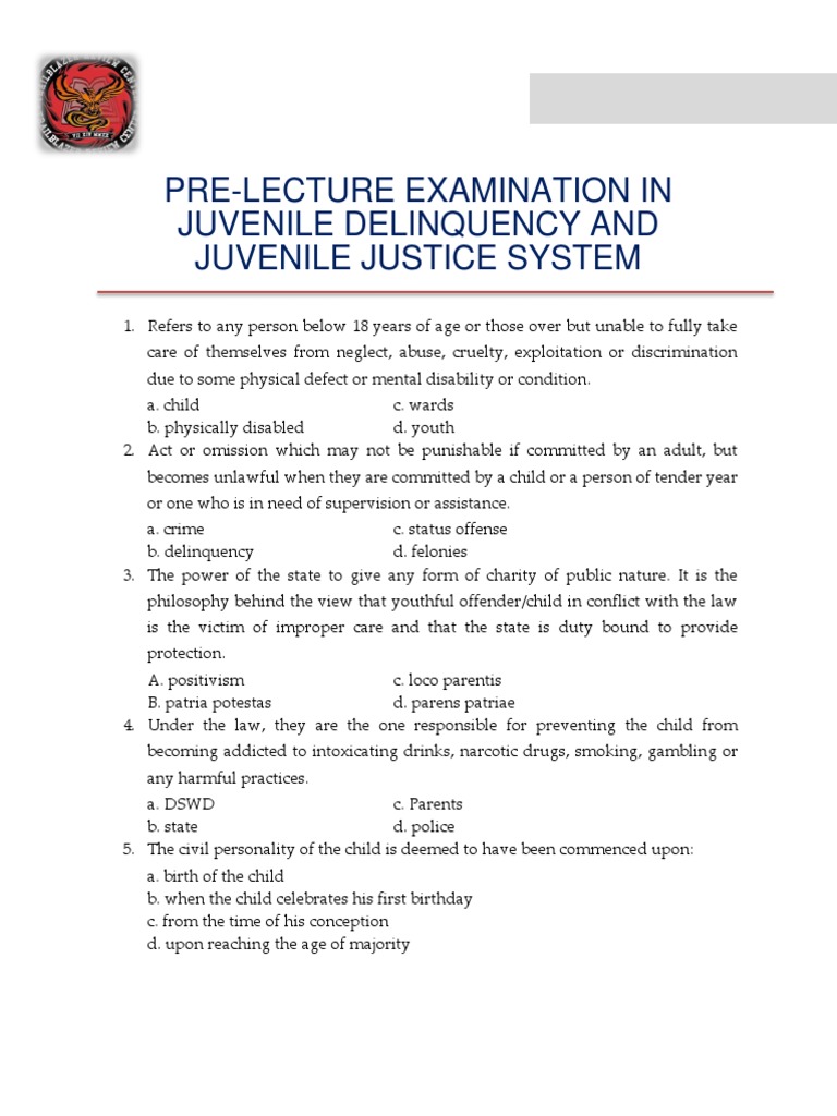 Pre-Lecture Examination in Juvenile Delinquency and Juvenile Justice ...