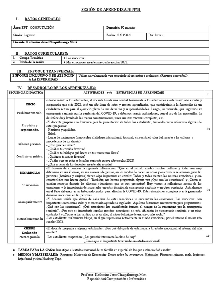 SESIÓN DE APRENDIZAJE 1° EPT | PDF | Las emociones | Aprendizaje